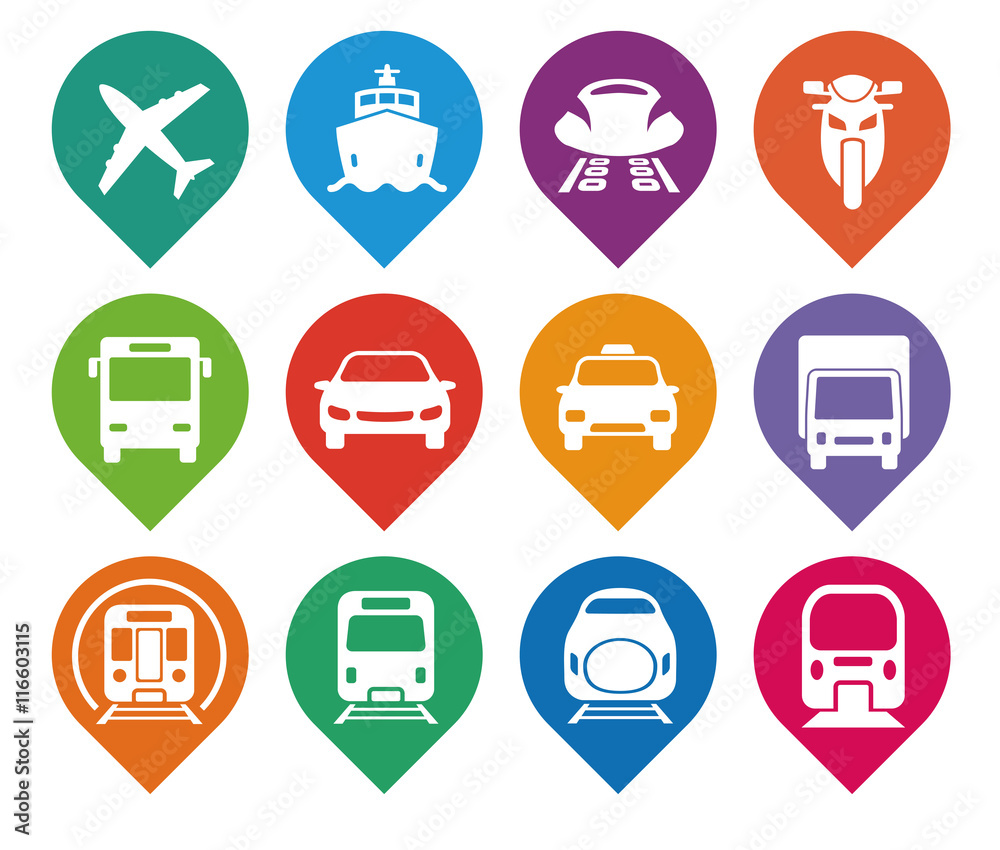 various transportation icon set, including cars, trains, subway ...