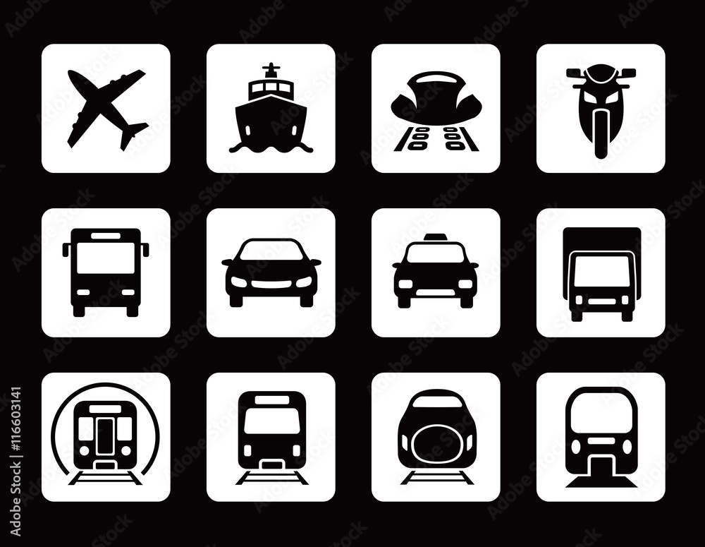 various transportation icon set, including cars, trains, subway ...