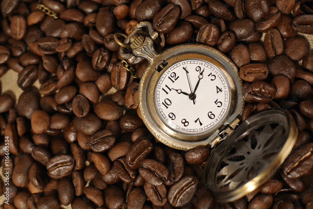 Coffee beans with vintage pocket watch Stock Photo | Adobe Stock