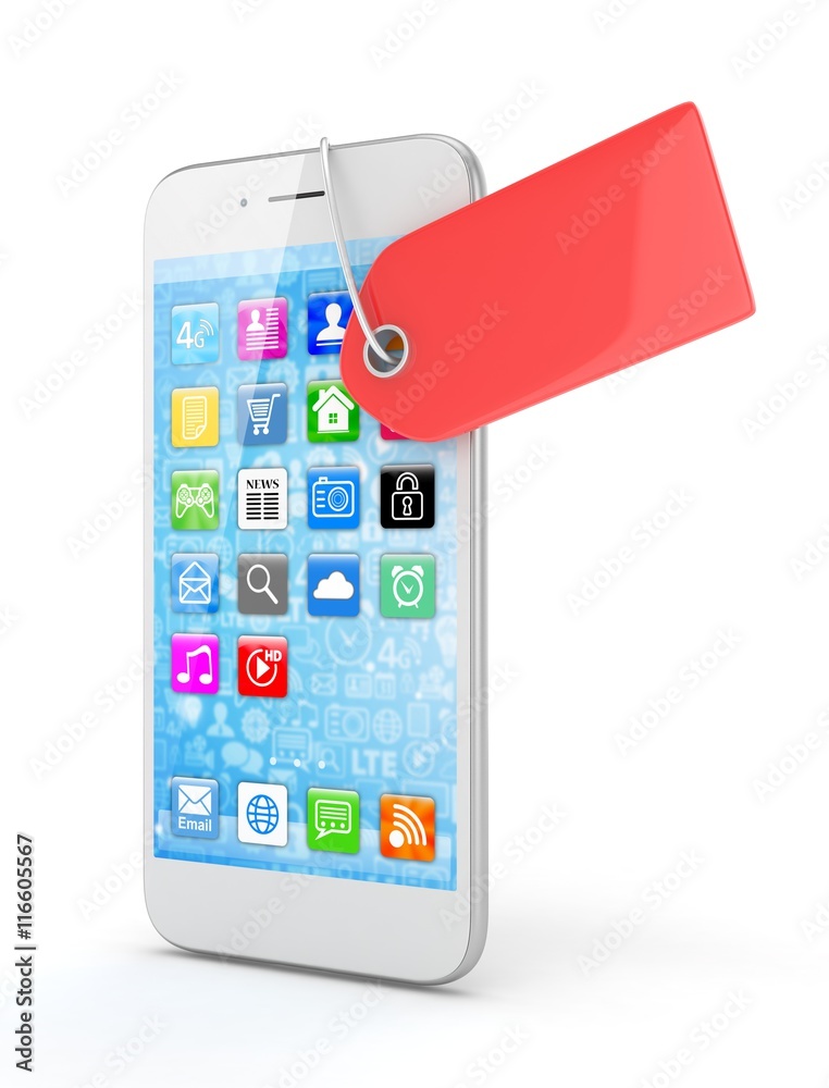 White smart phone with red price tag on white background ...