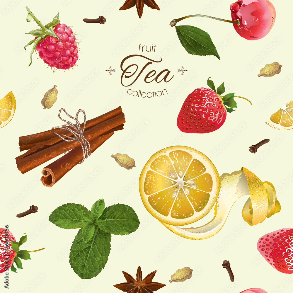Vector aromatic tea seamless pattern with strawberry, lemon and ...