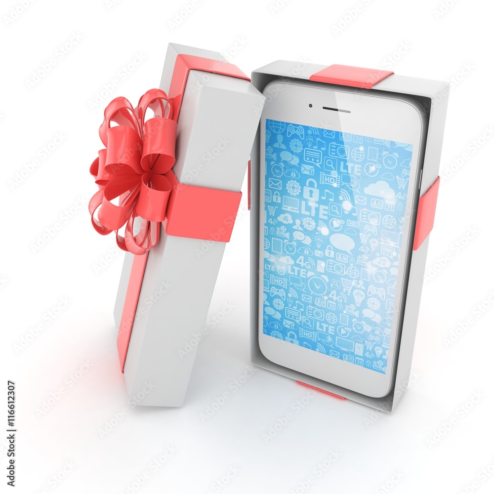 Smartphone in gift box. Isolated on white background. 3d rendering ...
