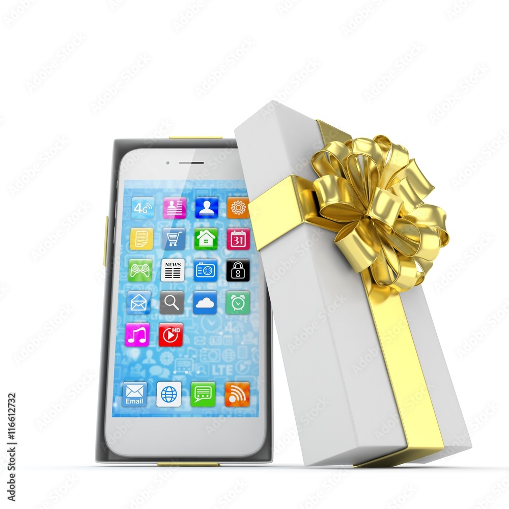 Smartphone in gift box. Isolated on white background. 3d rendering ...