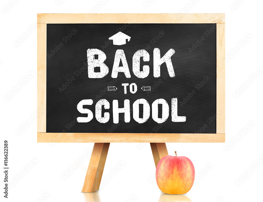 Back to school word on blackboard with apple at white background Stock ...