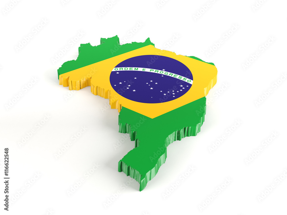 Real 3D shape map of Brazil in national flag colors on white background ...