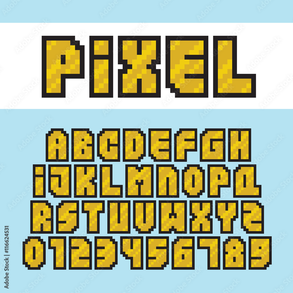 Pixel Art Style Golden Alphabet And Numbers Vector Font Set Stock Pixel Art Style Golden Alphabet And Numbers Vector Font Set Stock