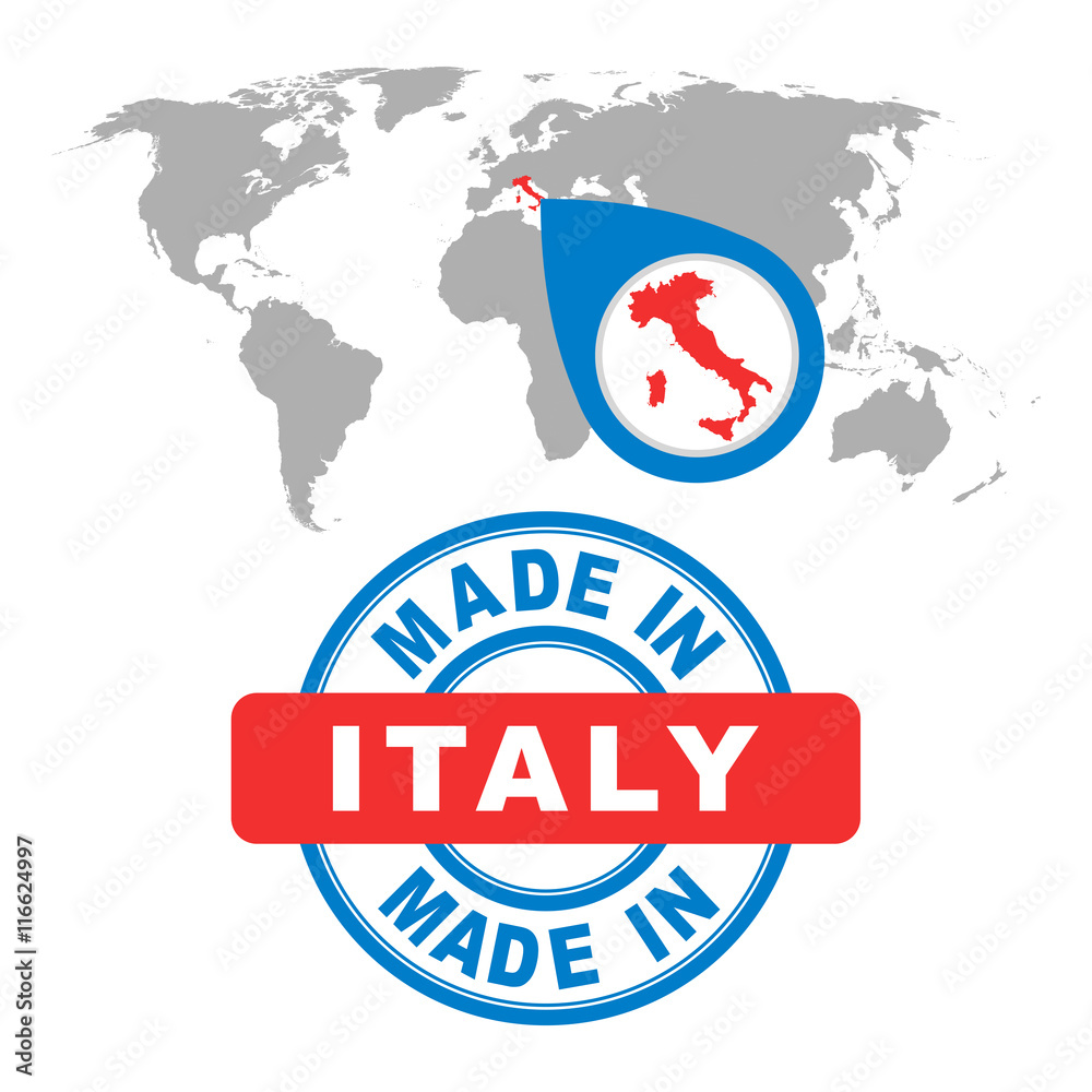 Made in Italy stamp. World map with red country. Vector emblem in flat ...