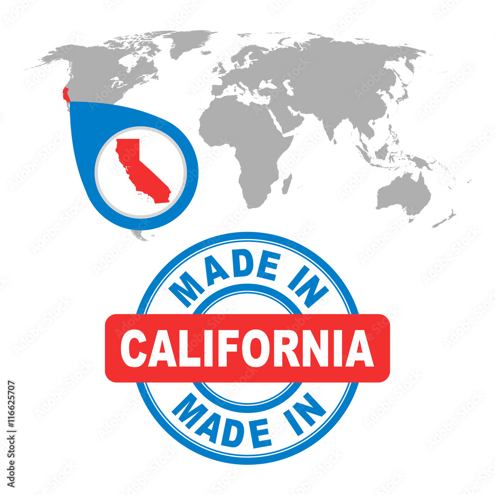 Vecteur Stock Made in California, America, USA stamp. World map with ...