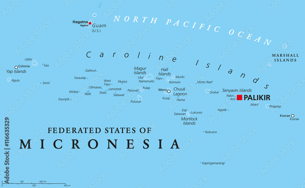 Federated States of Micronesia political map with capital Palikir. An ...