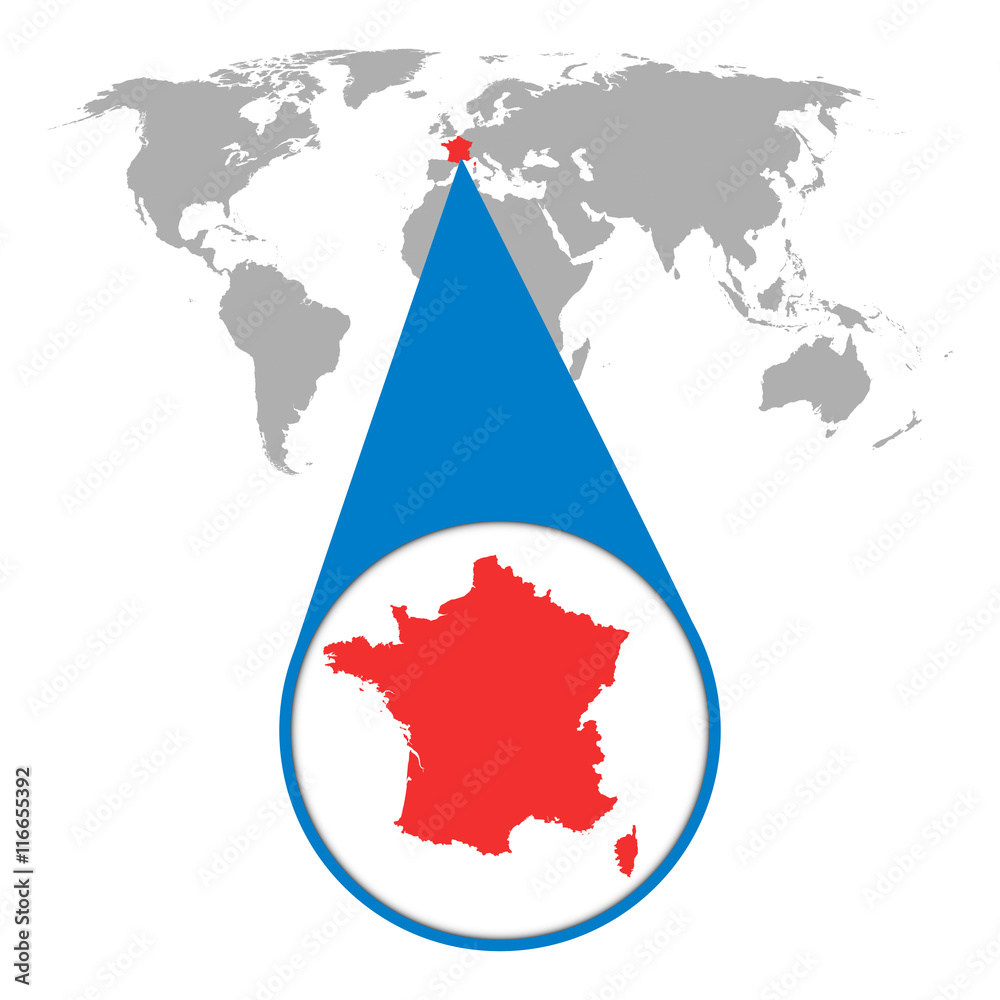 World map with zoom on France. Map in loupe. Vector illustration in ...