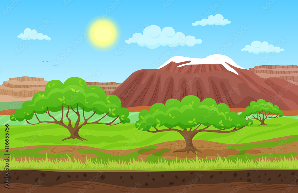 Cartoon color nature spring summer landscape in sun day with grass ...
