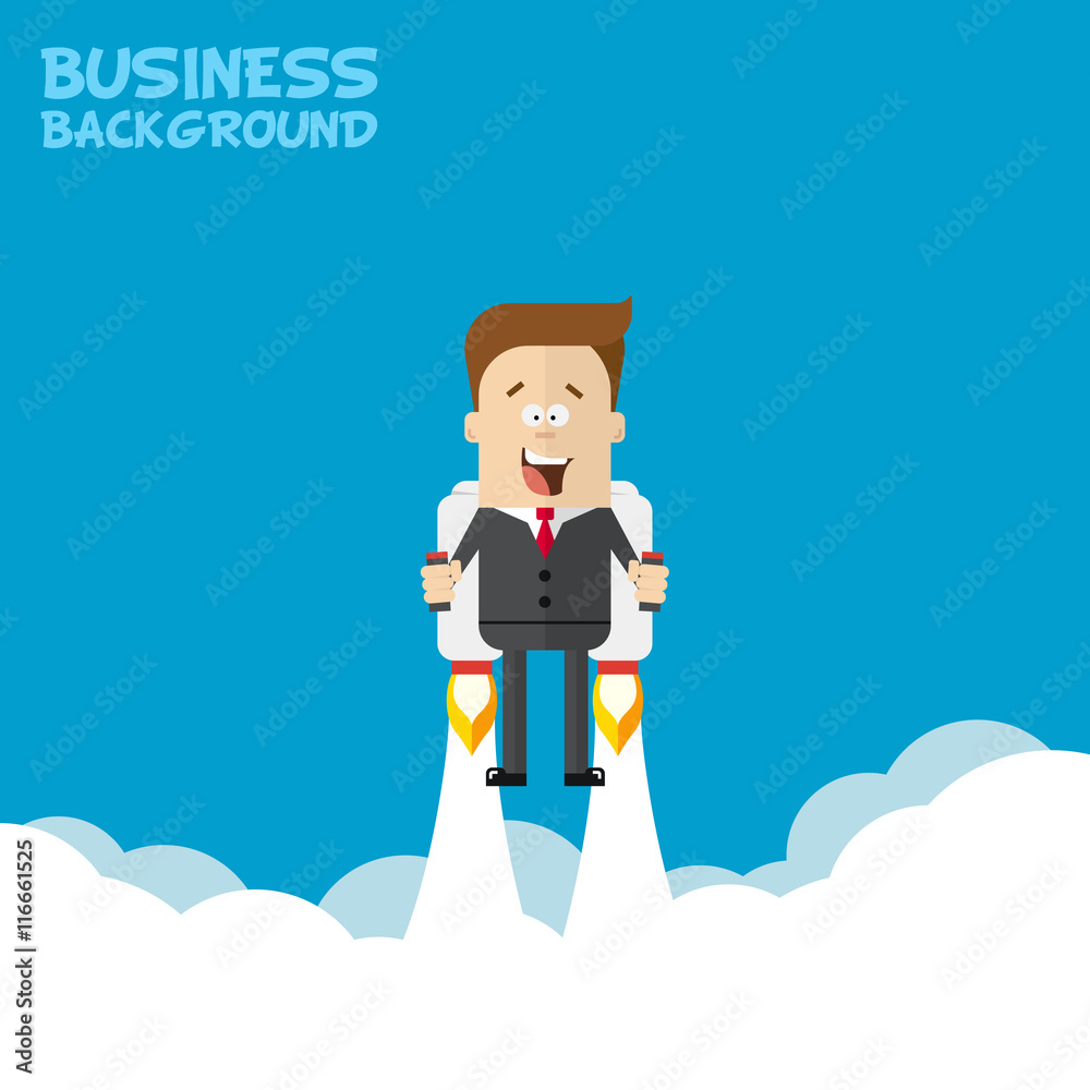 Happy businessman or manager flying on jetpacks to his goal. above the ...