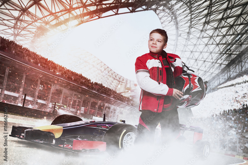 boy racer with race car at the stadium Stock Photo | Adobe Stock