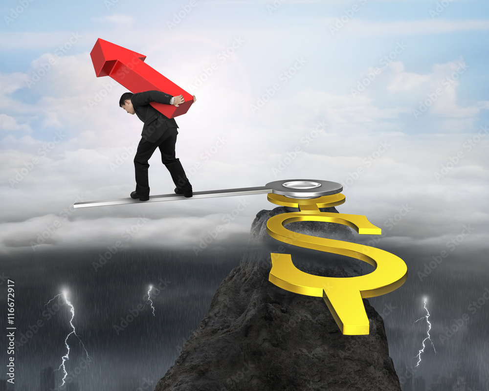 Man carry red arrow balance at clock hand edge Stock Photo | Adobe Stock