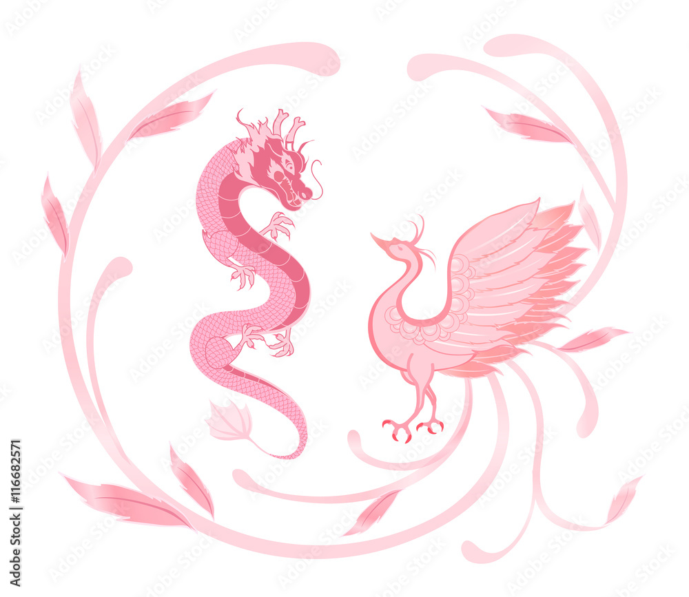 Dragon and phoenix for symbolism in traditional Chinese wedding and marriages, isolated version ...