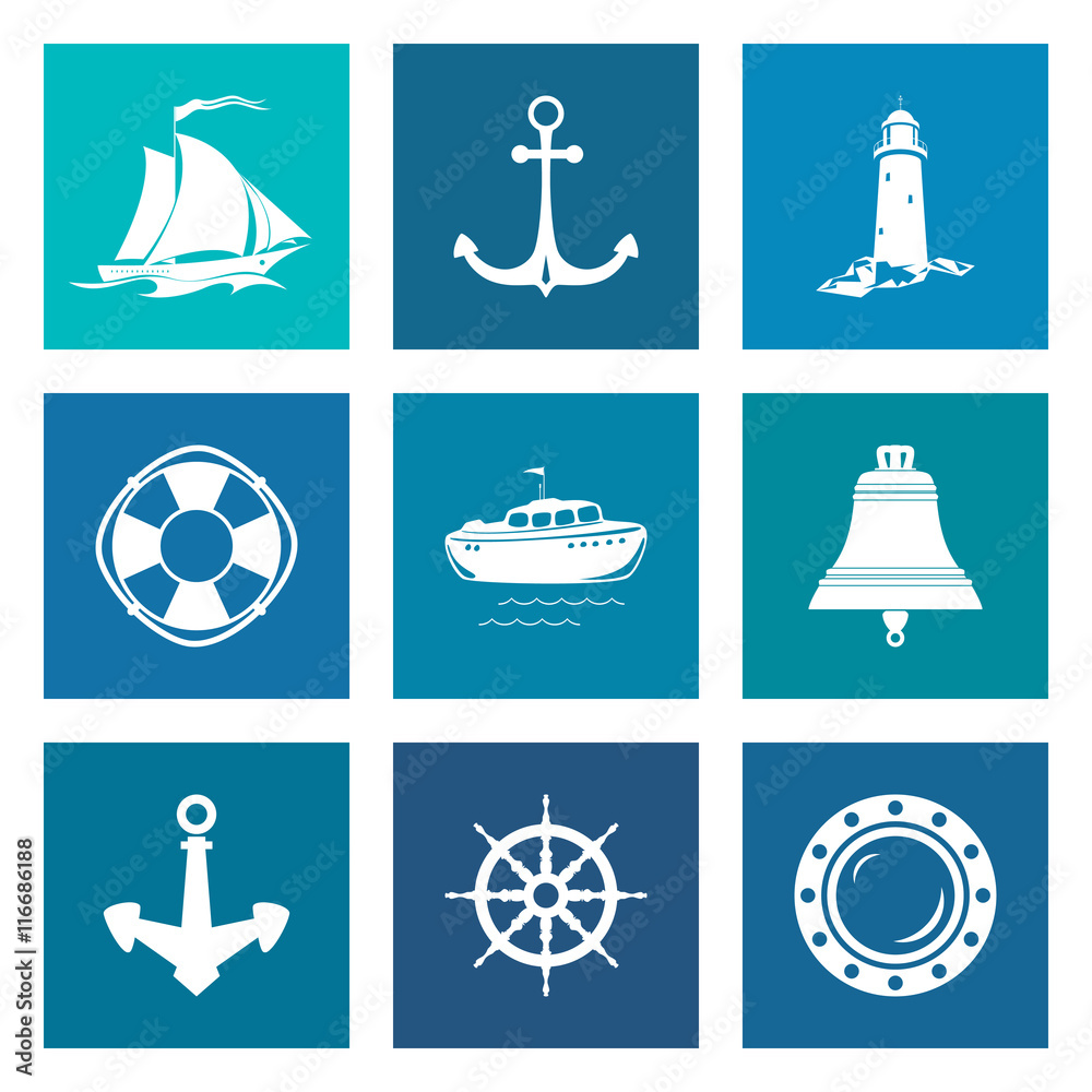 Set of Blue Marine Icons , Sailing Vessel and Anchor, Ship Wheel and ...