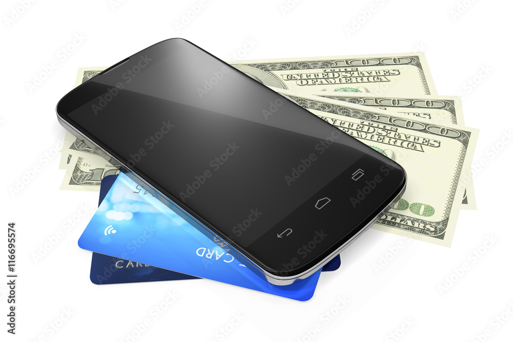 smartphone, dollar notes and credit cards for mobile payment Stock ...
