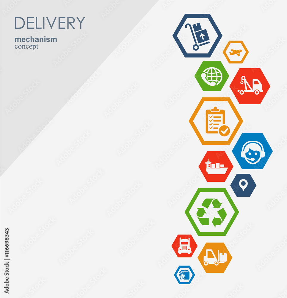 Delivery mechanism concept. Abstract background with connected gears ...