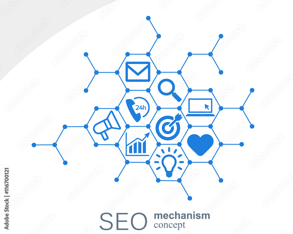 SEO mechanism concept. Abstract background with integrated gears and ...