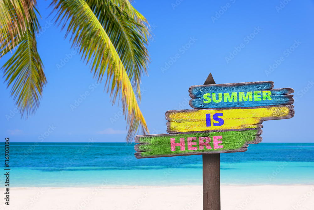 Summer is here written on pastel colored wooden direction signs, beach ...