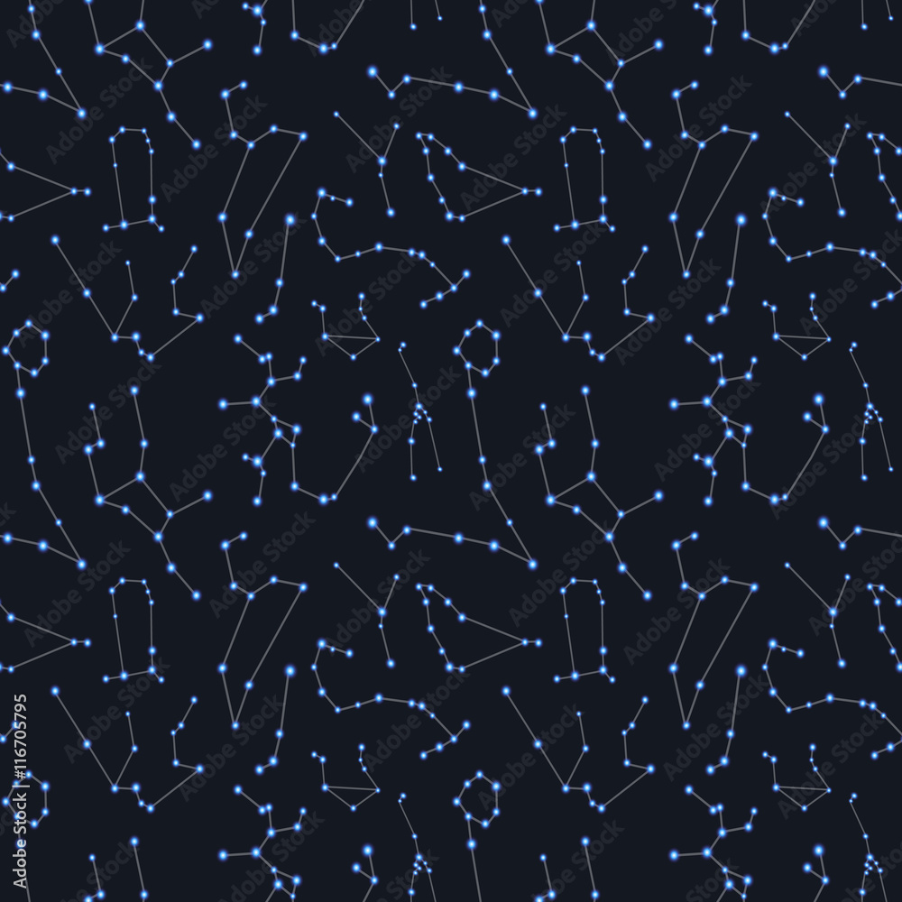 Bright blue constellations on night sky, seamless pattern Stock Vector ...