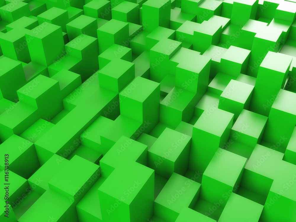 3d cubism abstract green square background. Surreal virid cubic ...