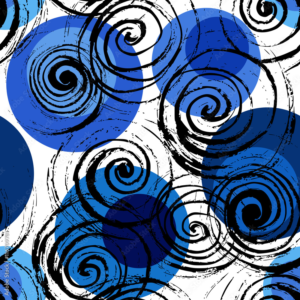 Swirl seamless pattern. Hand drawn black spirals on colorful circles ...