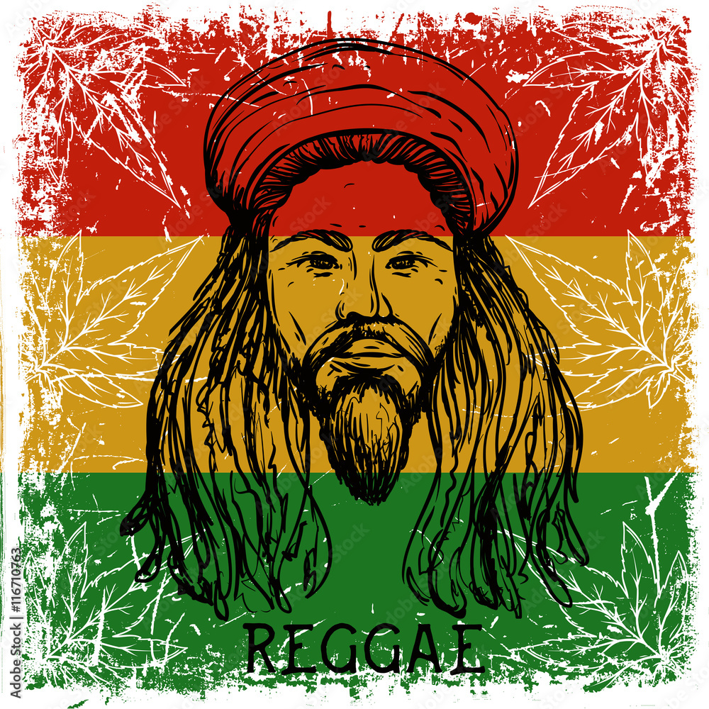 Reggae concept design. Tattoo art. Retro banner, card, t-shirt, bag ...