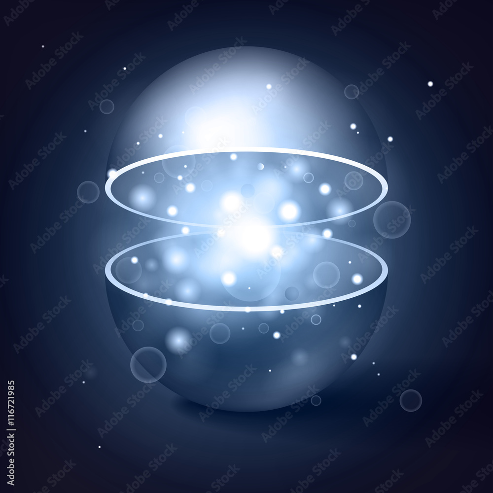 Vector volume hollow sphere, open magic ball, light inside, abstract ...