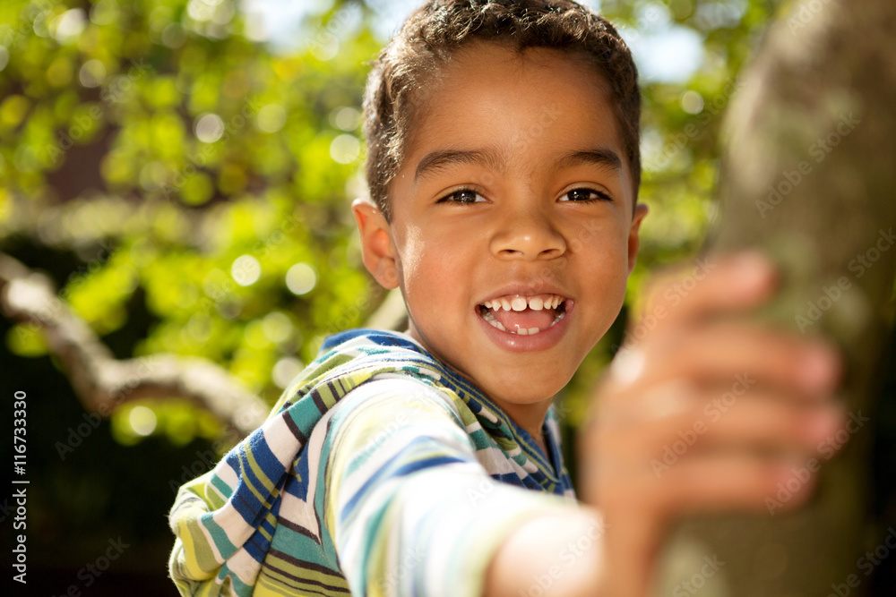 Hispanic little boy playing in a tree. Stock Photo | Adobe Stock