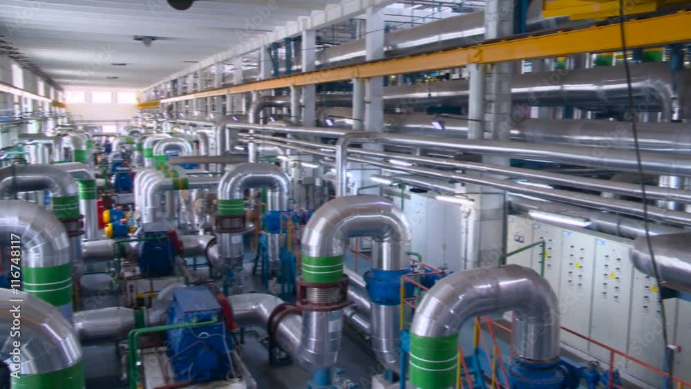 Room With a Complex System of Pipes. View From Left to Right. Power ...