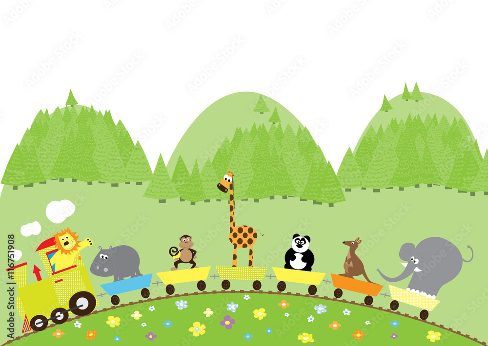 cartoon train with wild animals and mountains landscape Stock Vector ...