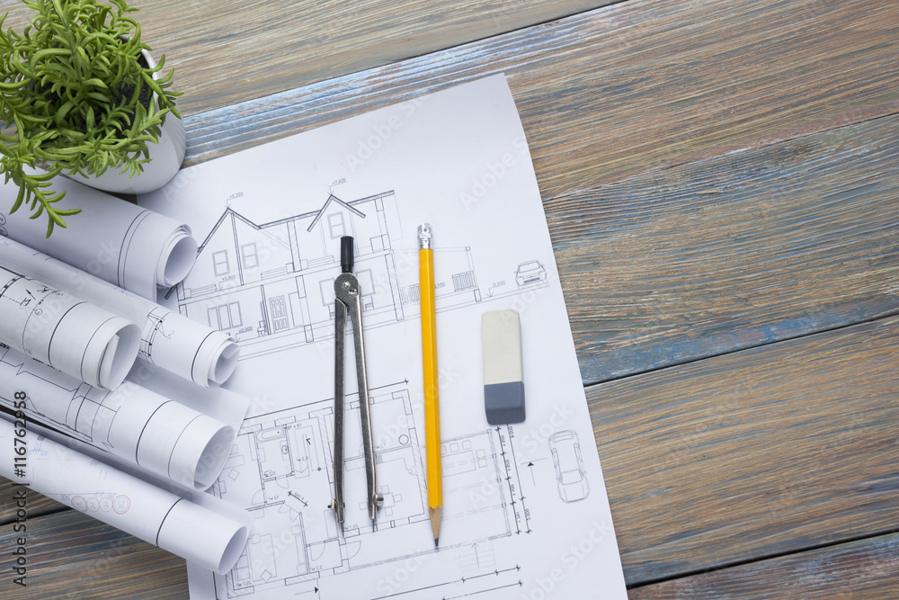 Architect worplace top view. Architectural project, blueprints ... Architect worplace top view. Architectural project, blueprints ...