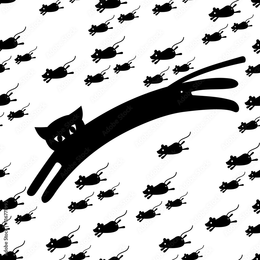 Black and white seamless pattern with cat and mice. Vector clip art ...