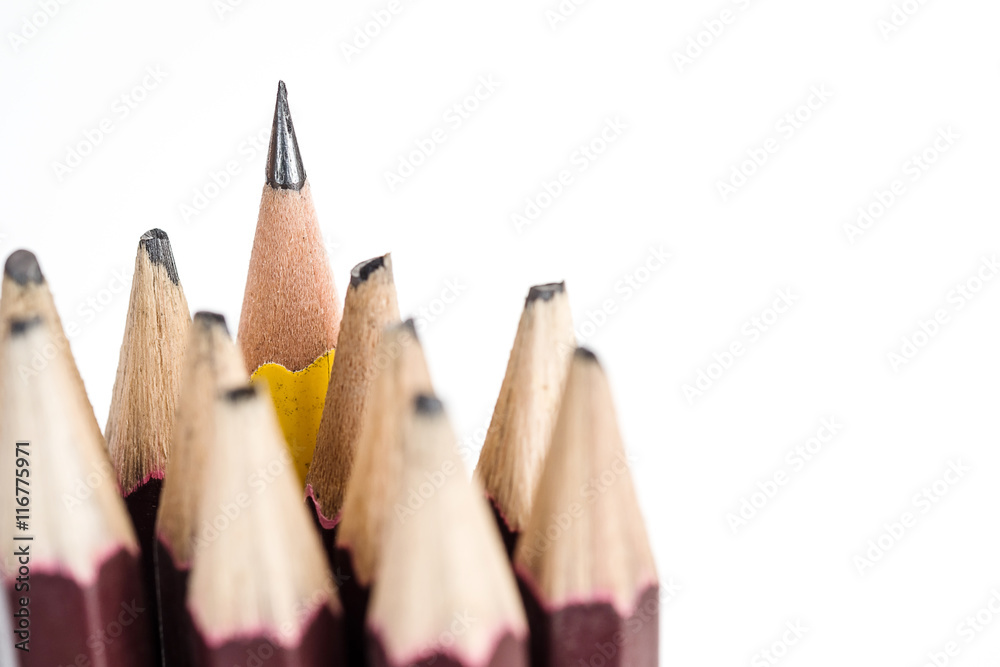 sharped yellow pencil standing out from crowd of blunted black f Stock ...