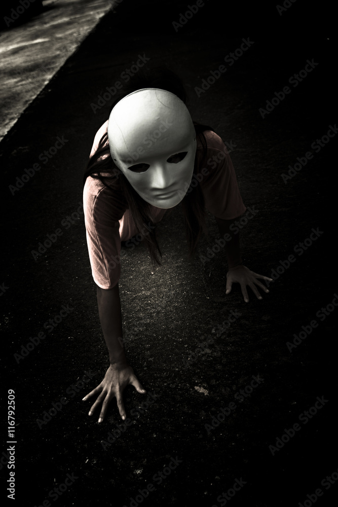 Mysterious woman wearing white mask crawling on the floor,Scary ...