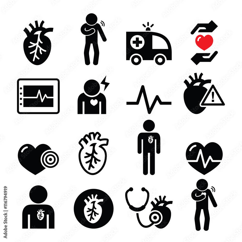 Heart disease, heart attack, Cardiovascular disease icons set Stock ...