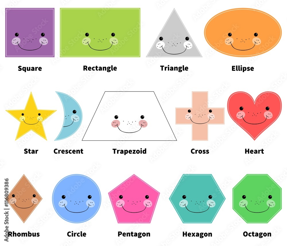 Learn 2D shapes. Cartoon smiling shapes for kids. Isolated. White ...