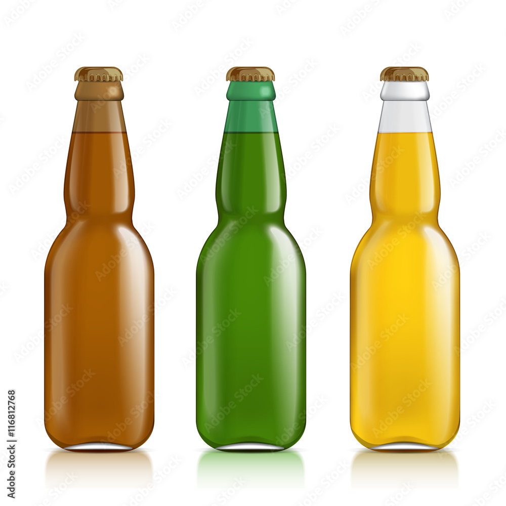 Multicolored glass bottles realistic. Set of colored transparent empty ...