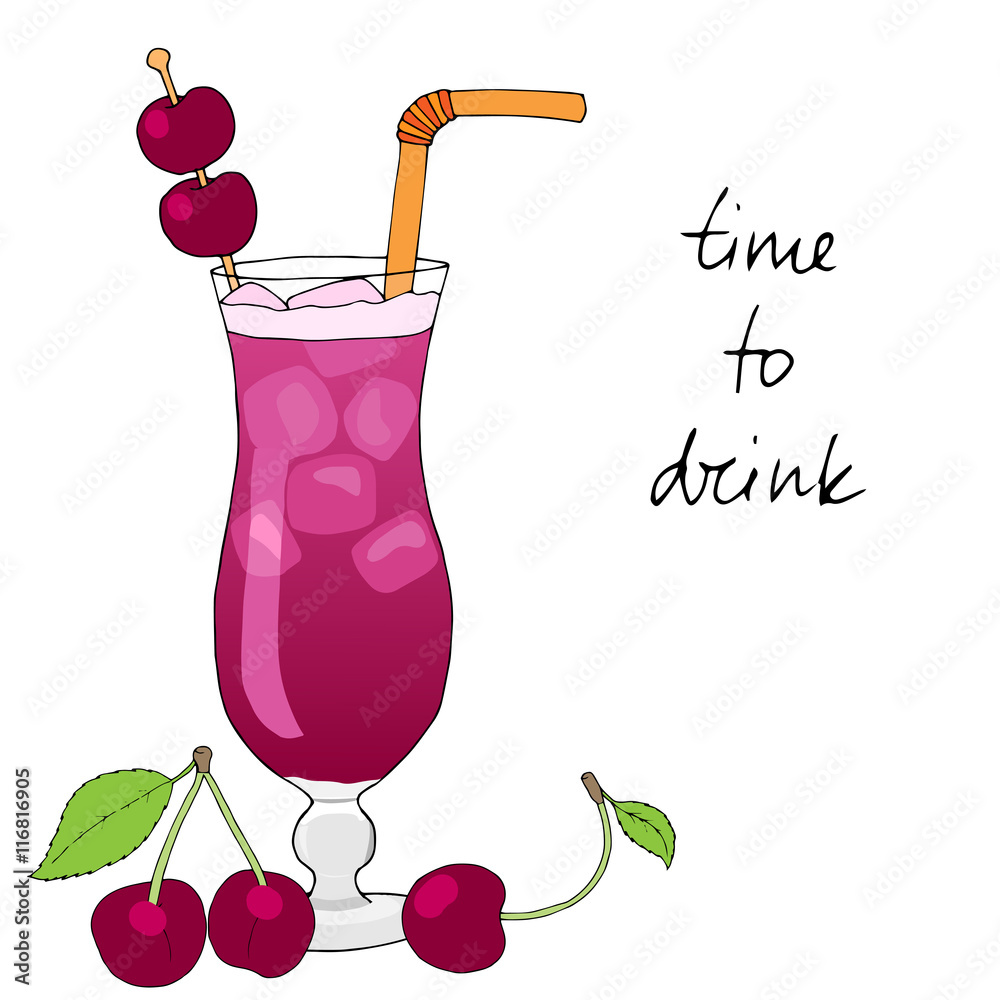 Hand drawn cherry cocktail with ice, straw and cherries. Stock Vector ...