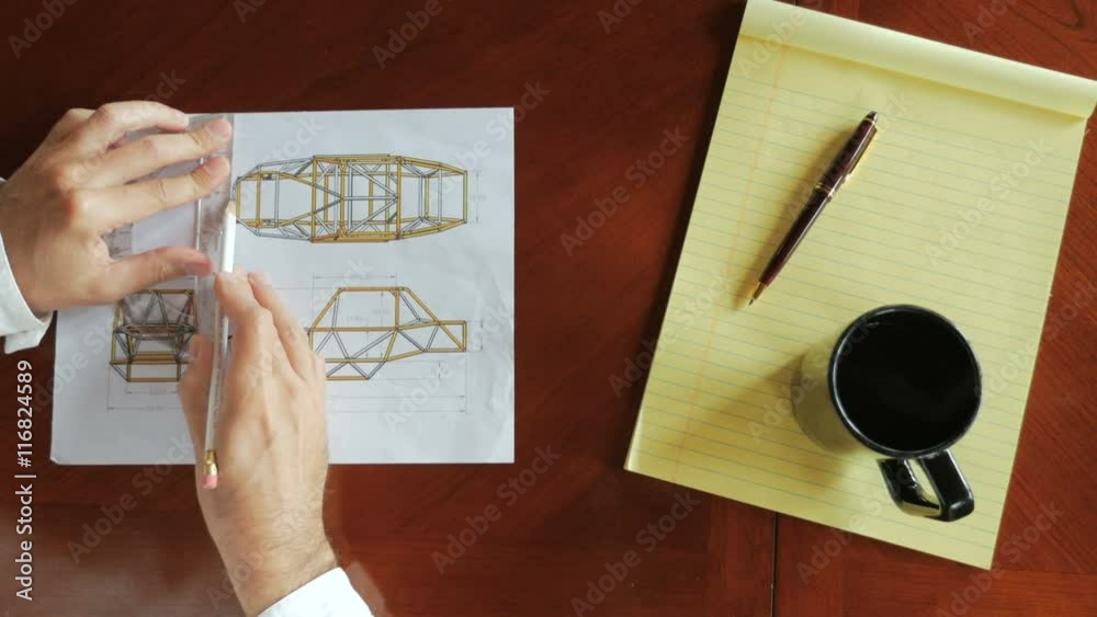 Overhead of engineer designing by hand with protractor and paper Stock ...