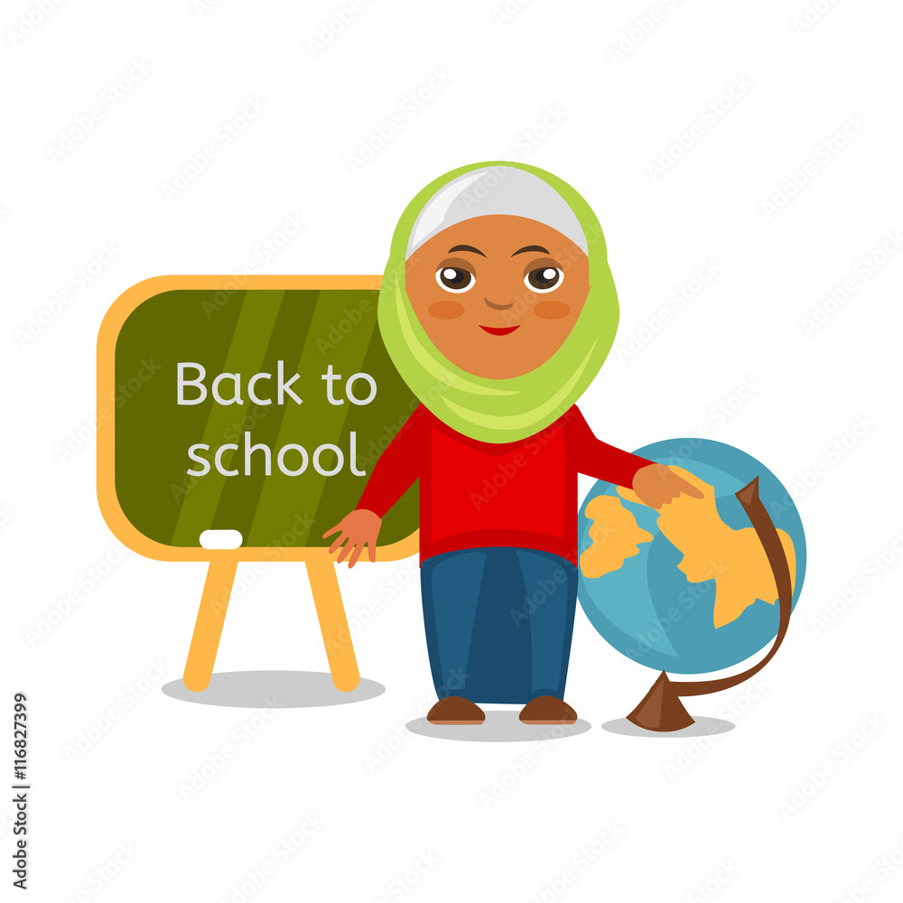 Cheerful Arab schoolgirl at a lesson of geography. Cartoon pupil ...