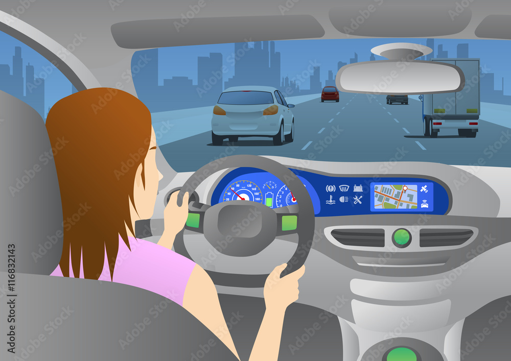 car cockpit back view, a woman is driving a car through an urban road ...