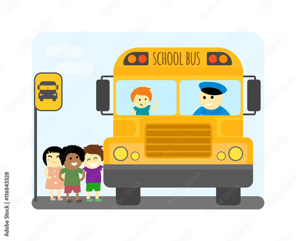 Illustration of school kids riding yellow schoolbus transportation ...