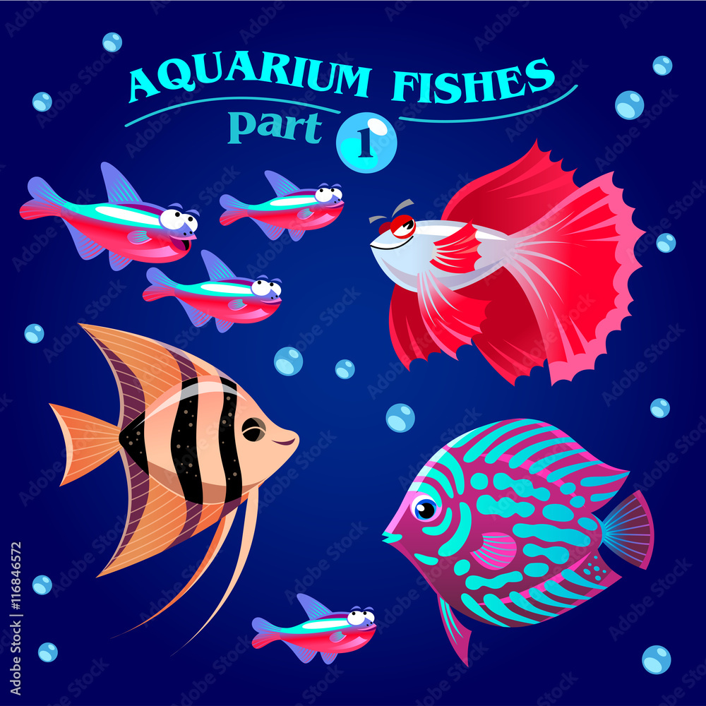 Vector set of freshwater aquarium fishes. Part 1. illustration in ...
