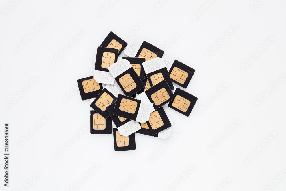 Sim cards stacked on white background, top view Stock Photo | Adobe Stock