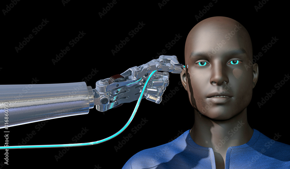 Illustration of robot hand plugging data cable to a young man with ...
