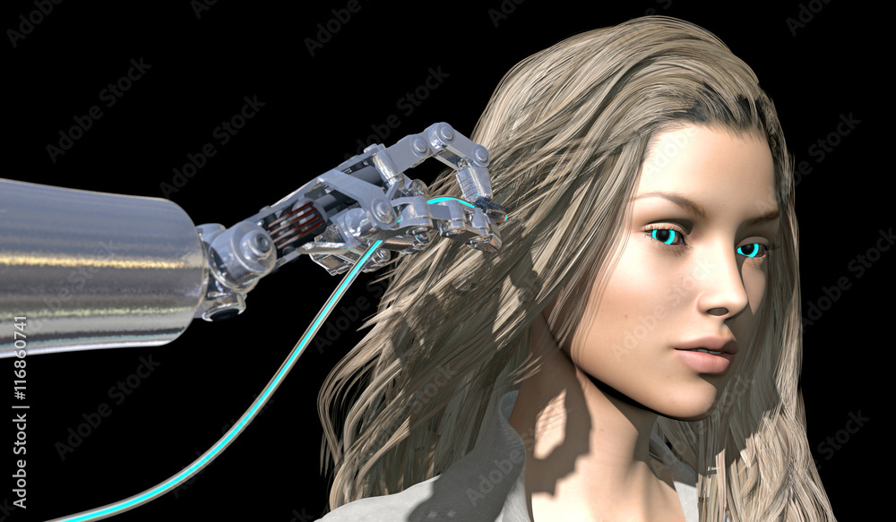 Illustration of robot hand plugging data cable to a young woman with ...