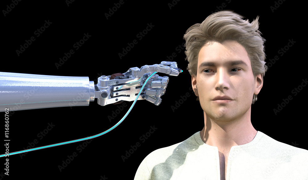 Illustration of robot hand plugging data cable to a young man with ...