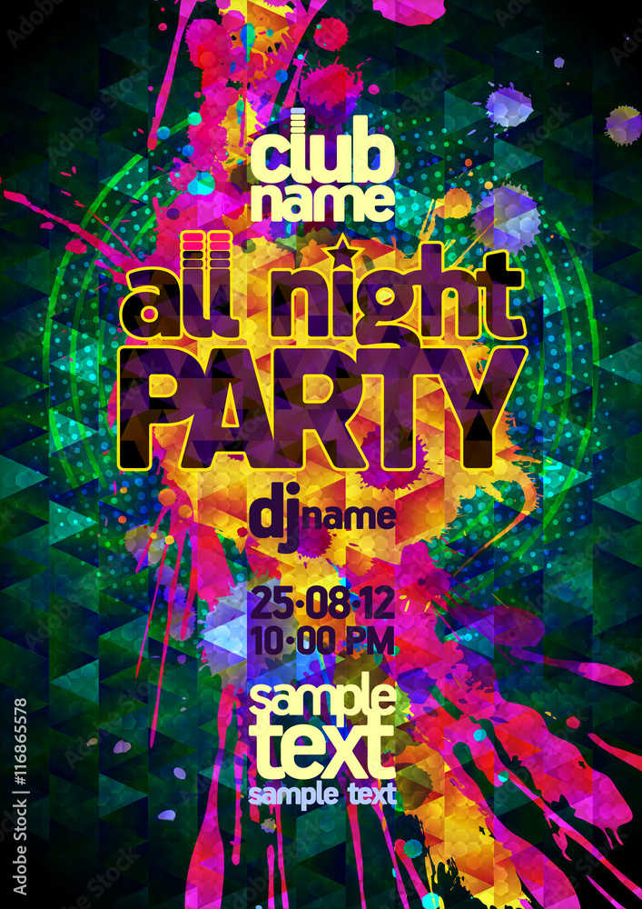 All night party abstract poster mock up, polygon and vibrant blots ...